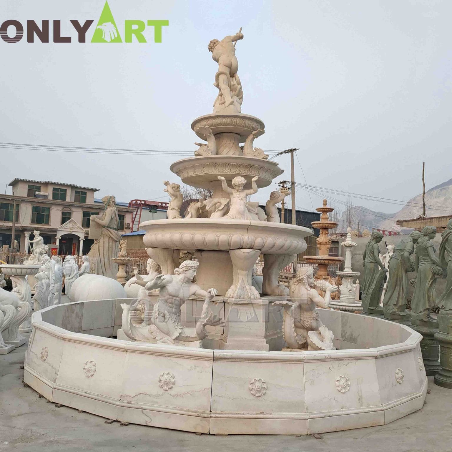 3 Tier Large Marble Water Fountain With Poseidon Sculpture