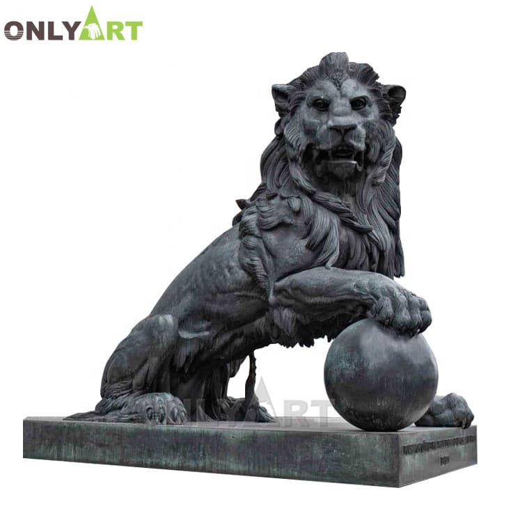 History Antique Square Bronze Lion Statue With Ball