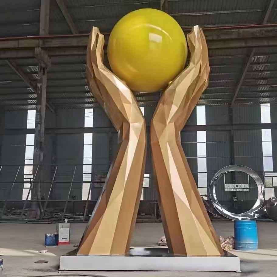 Stainless Steel Metal 2 Big Hands Dragging A Ball Sculpture